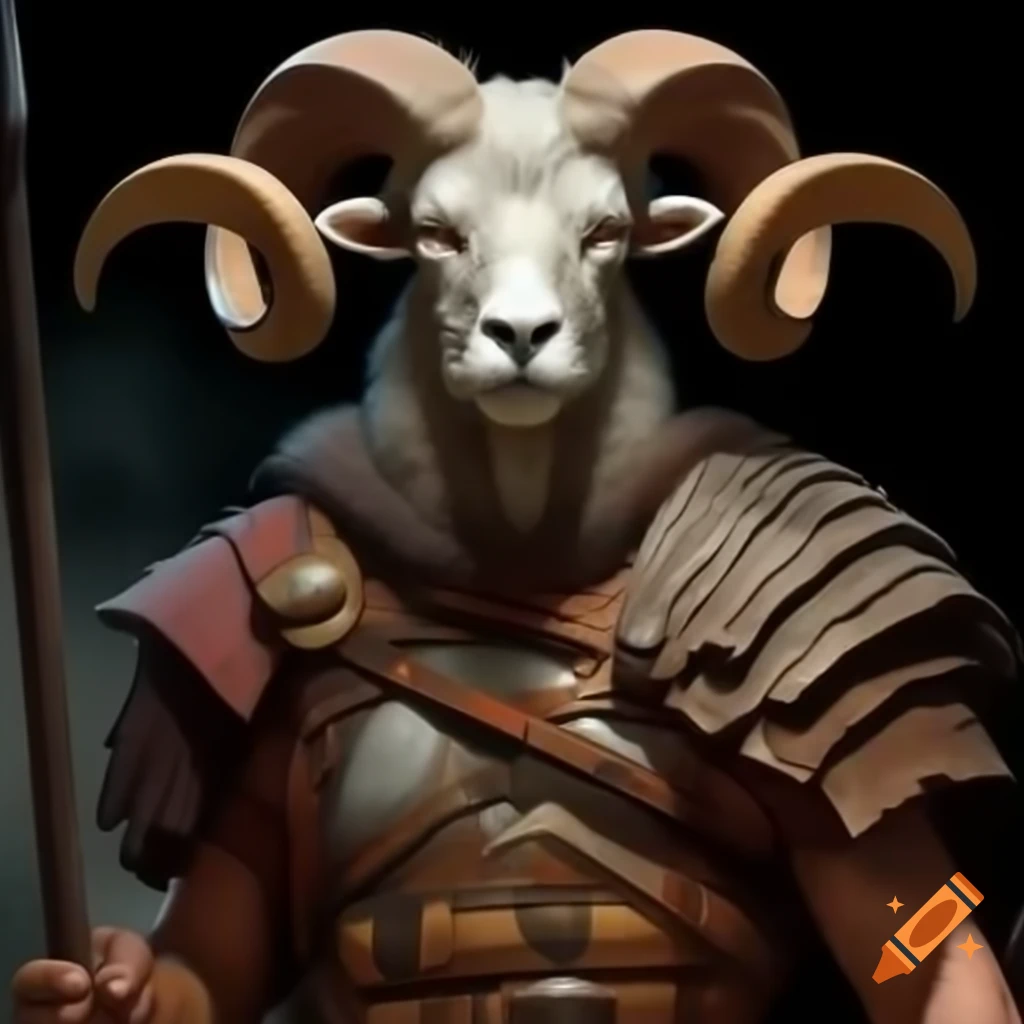 Ancient warrior with ram head and battle-worn armor on Craiyon