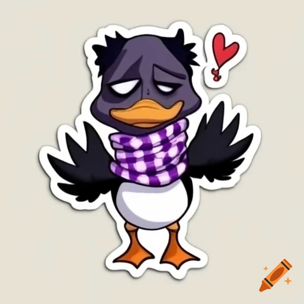 Emo punk duck with black and gray feathers, wearing a spiked collar on ...