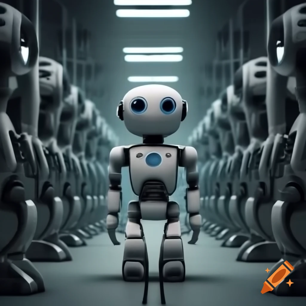 Room with grey robots, one distinctive robot with different shape and ...