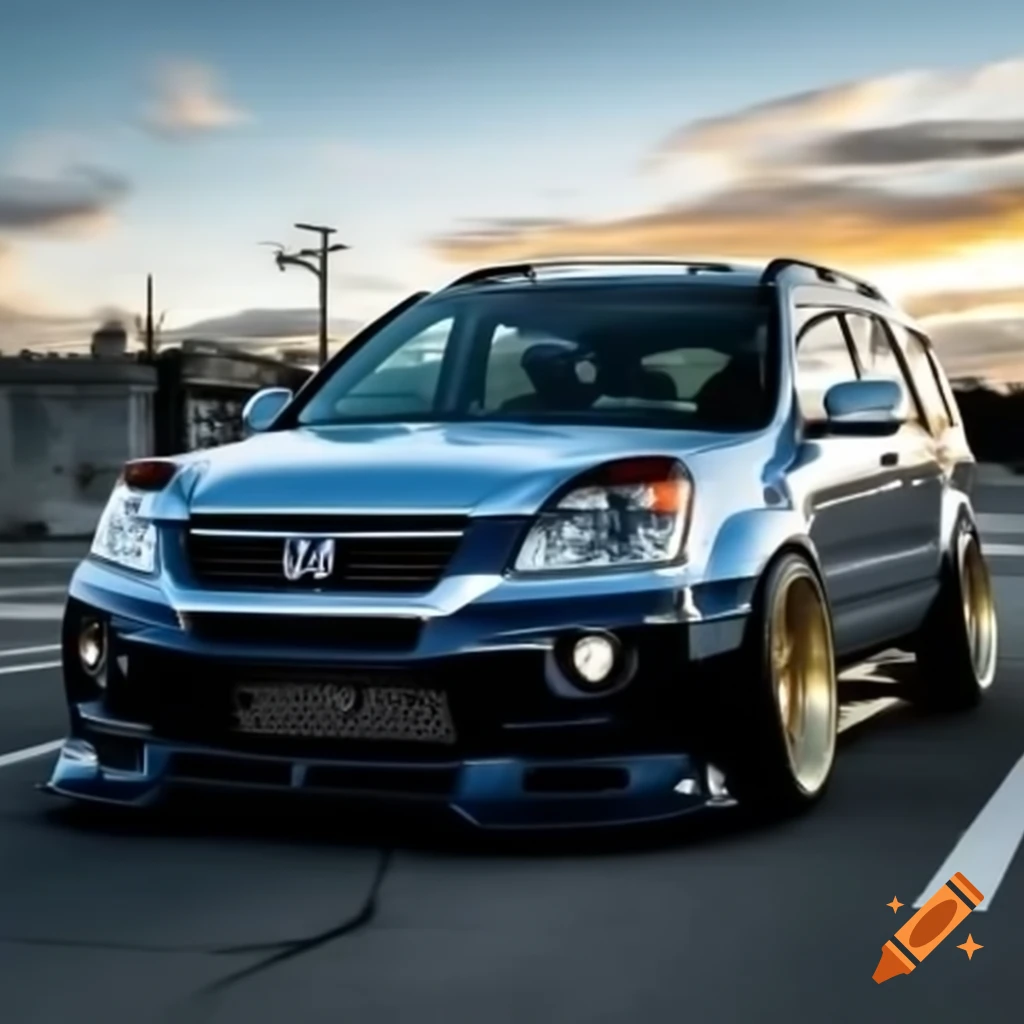 Custom 2005 Honda CRV with lowered stance and wide-body kit on Craiyon