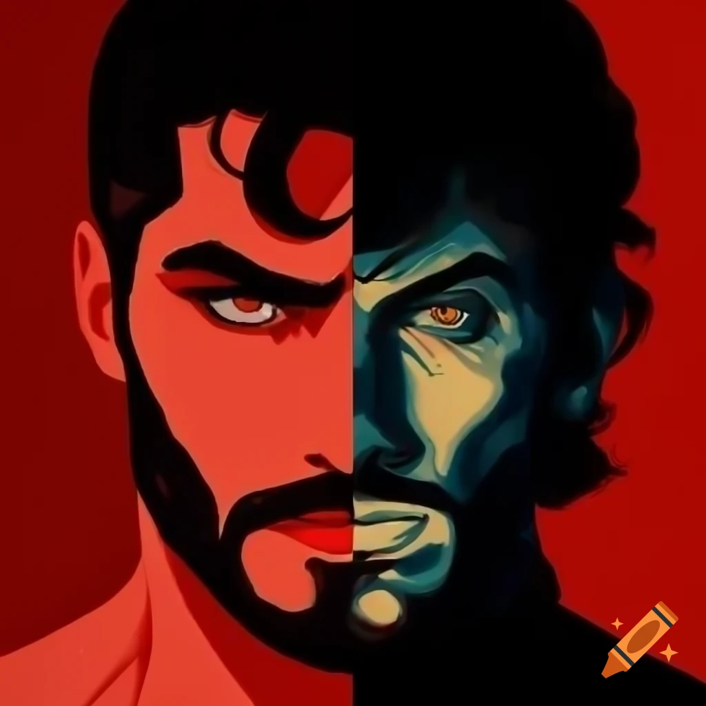 Artistic split-face image combining realistic features and minimalist ...