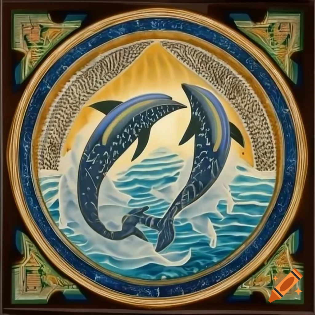 Byzantine mosaic of dolphins in circular pattern symbolizing harmony on ...