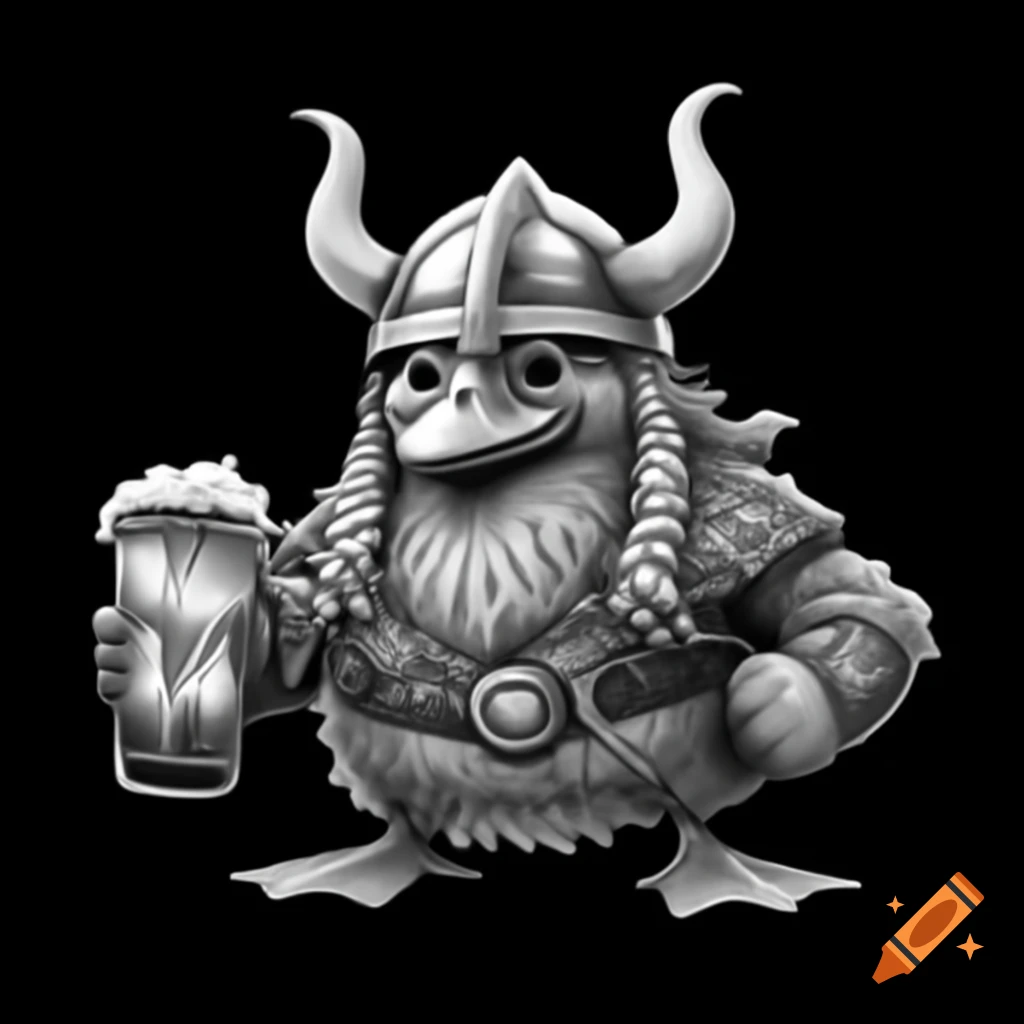 Cartoon goose in viking helmet raising mug of ale, monochrome artwork ...