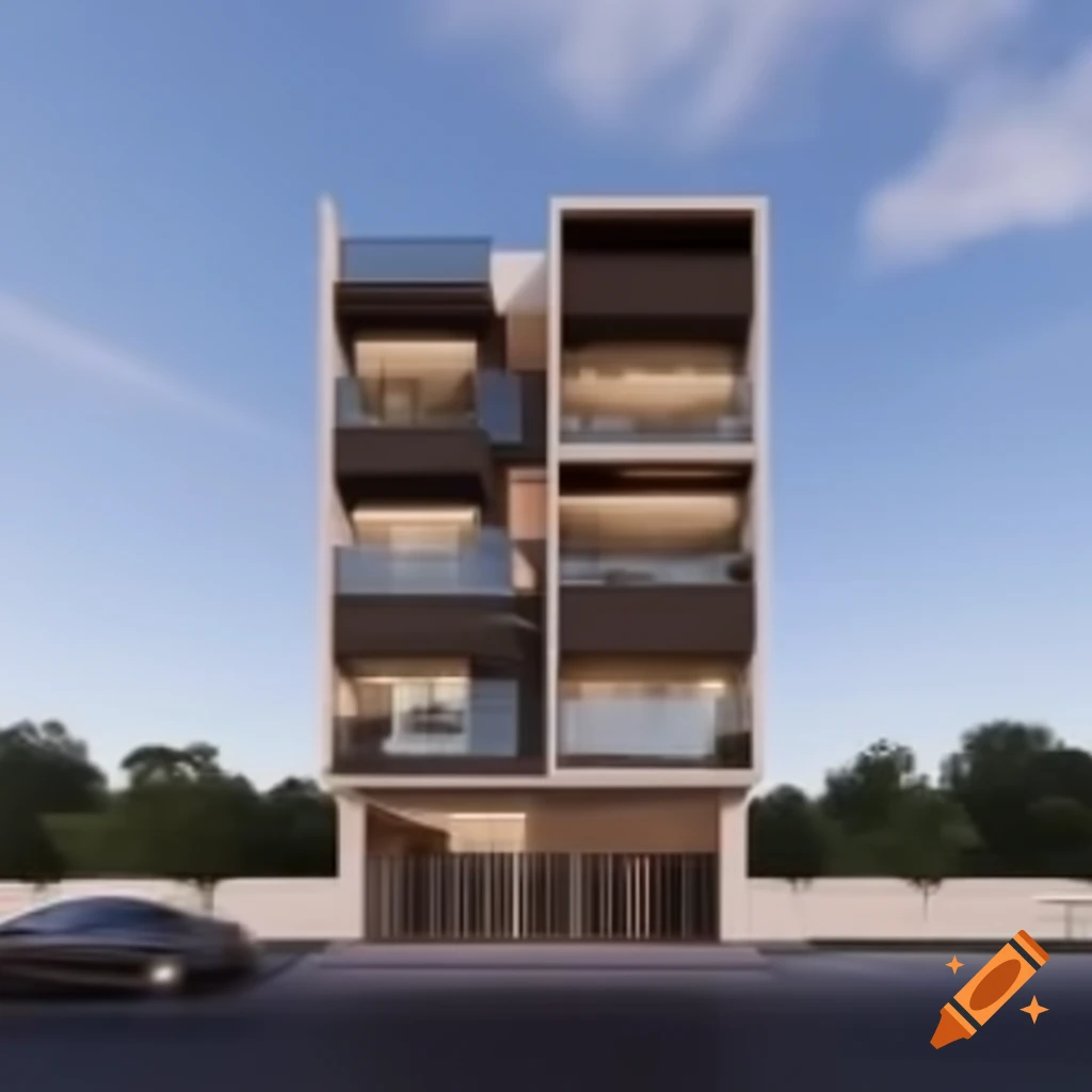 Exterior design of a three-story south-facing building with balconies ...