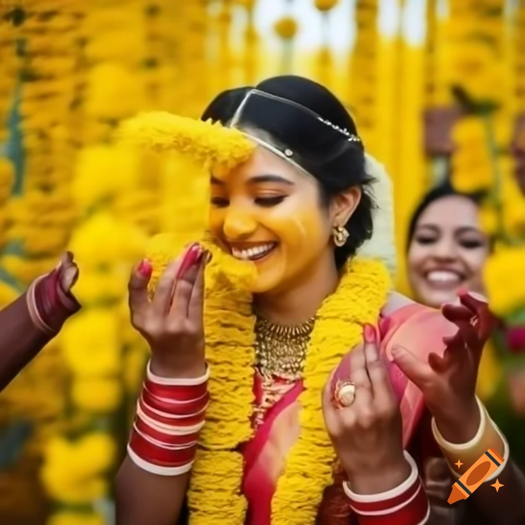 Indian bride joyfully throwing yellow flowers during haldi celebration ...
