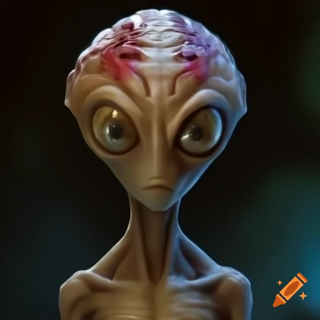 Humanoid alien character with gigantic visible brain on Craiyon