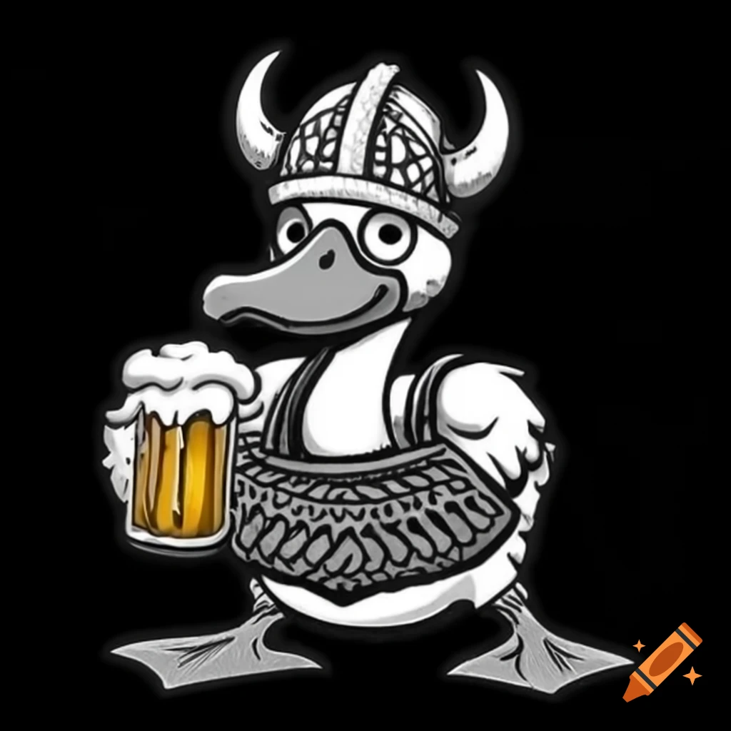 Monochrome cartoon goose wearing viking helmet and holding beer on Craiyon
