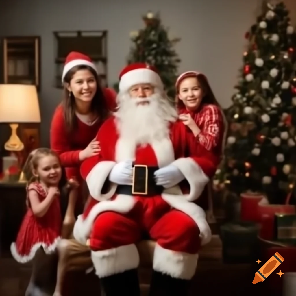 Christmas scene with Santa, Mrs. Claus, kids, elves, and reindeer in ...
