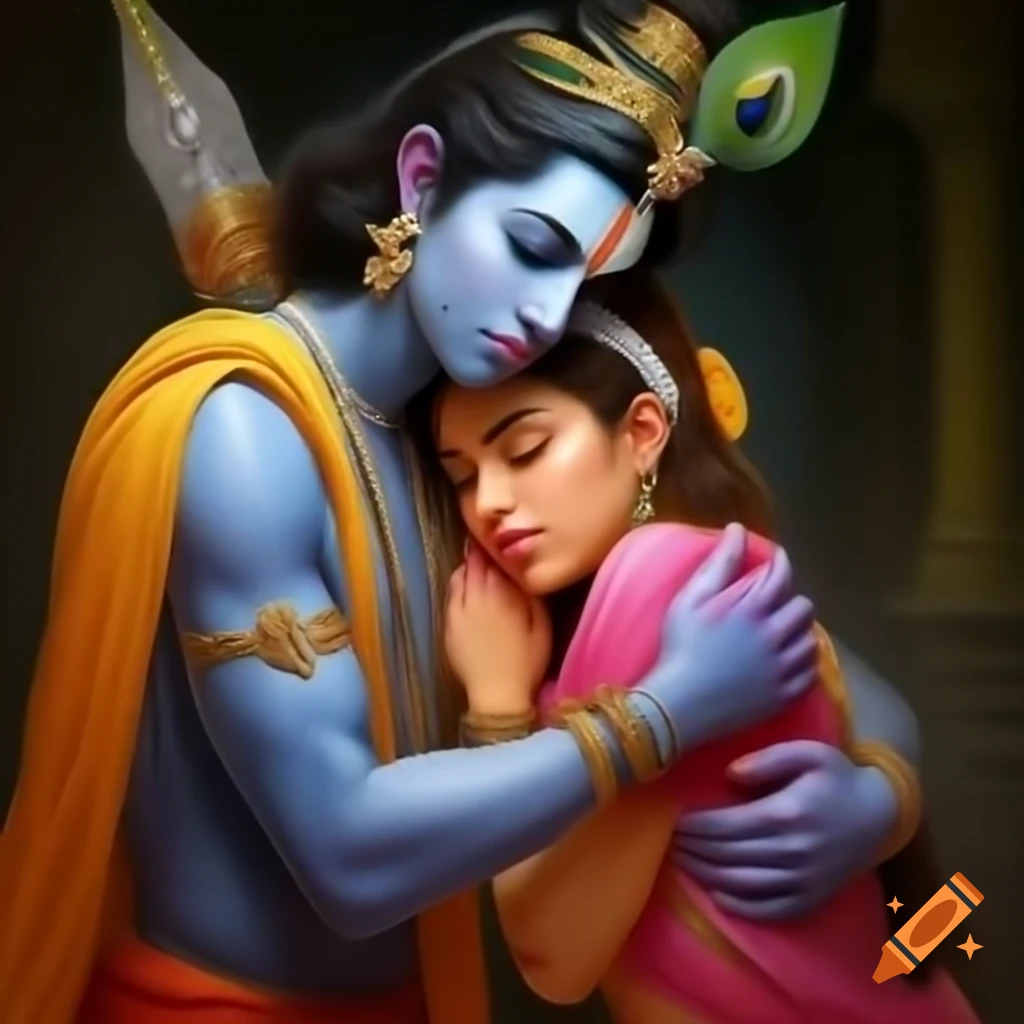 Lord krishna comforting an upset woman devotee on Craiyon