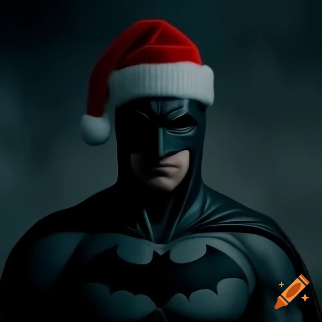 Batman in Santa outfit with a hat expressing disappointment on Craiyon