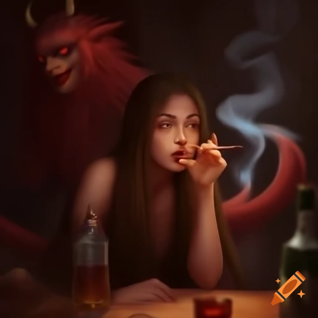 Long-haired woman holding cigarette and drinking, with a demon ...