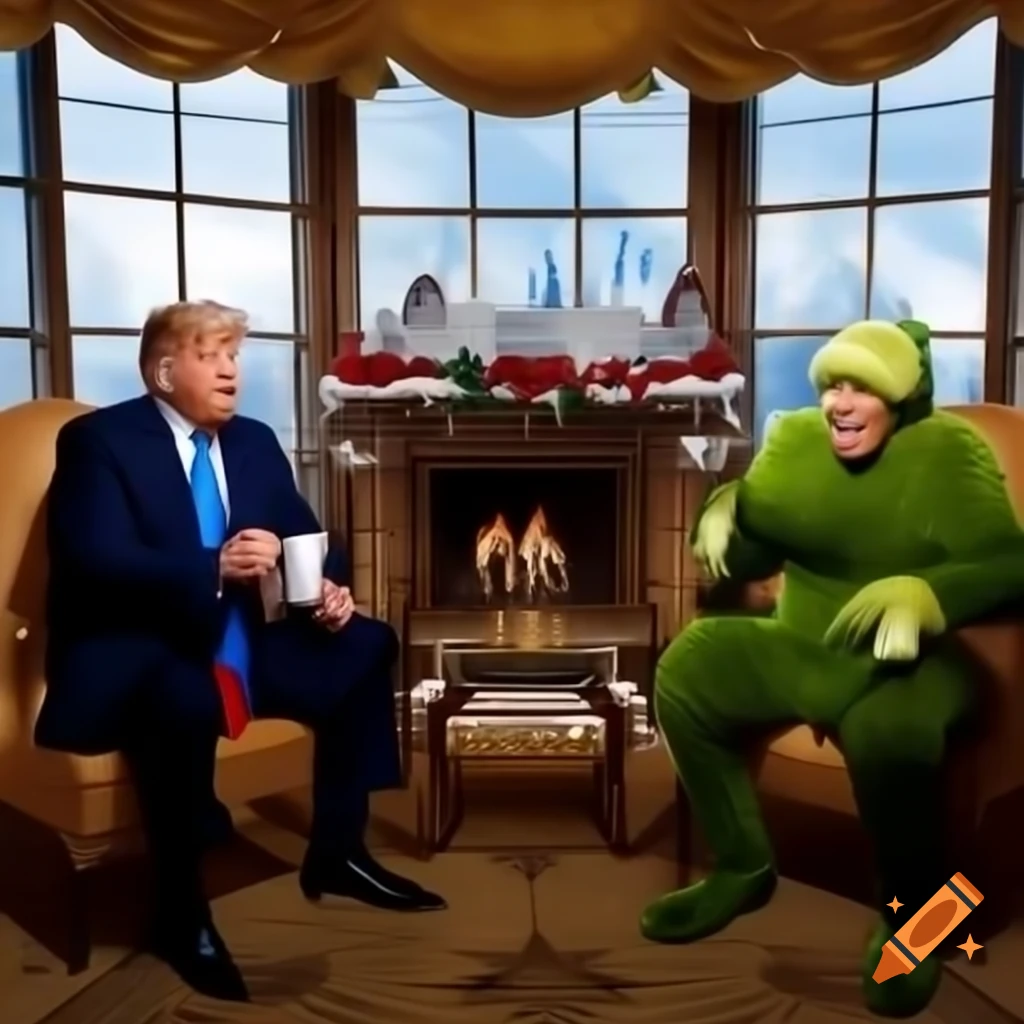 Putin and Trump enjoying hot chocolate by a fireplace, snowy mountain ...