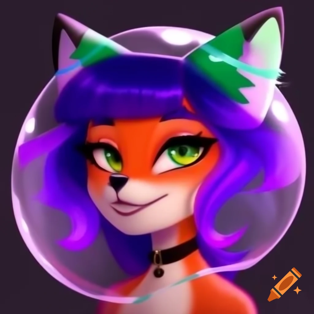 Anthropomorphic fox woman in Disney style with purple and green hair in ...
