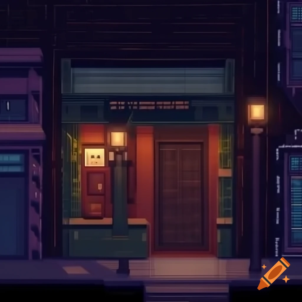 Pixel art of a rundown bar entrance in a ghetto area on Craiyon
