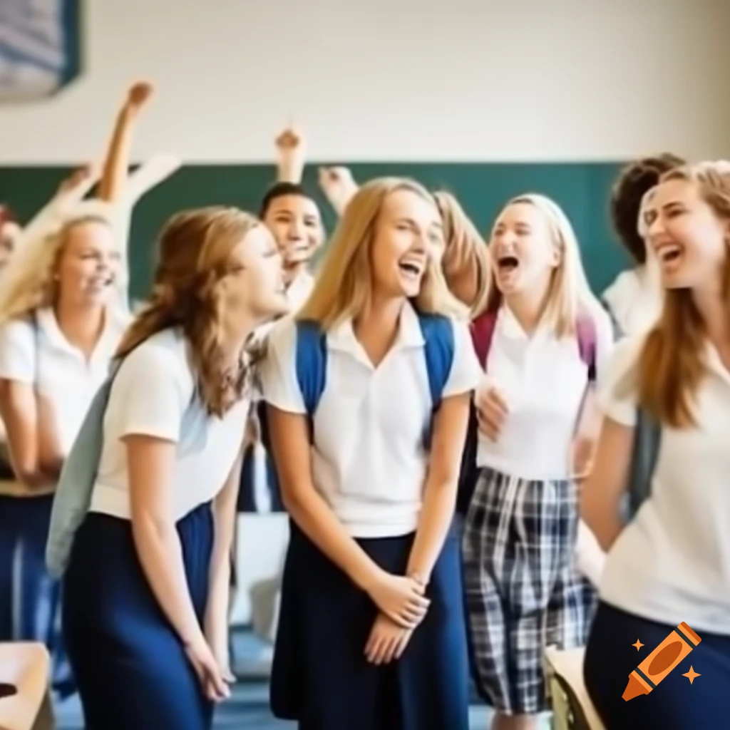 Group of college women laughing in classroom on Craiyon