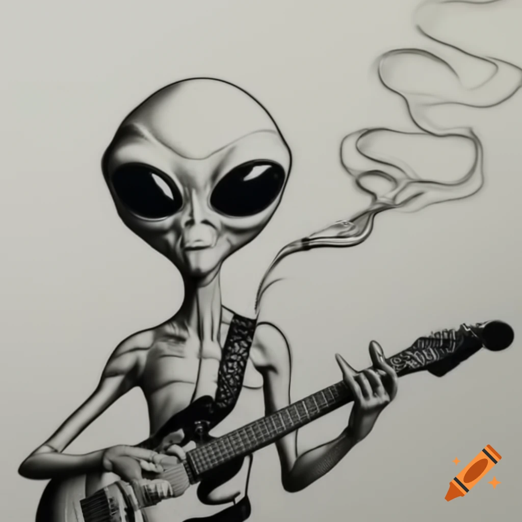 Alien with sunglasses playing guitar in a scary style on Craiyon