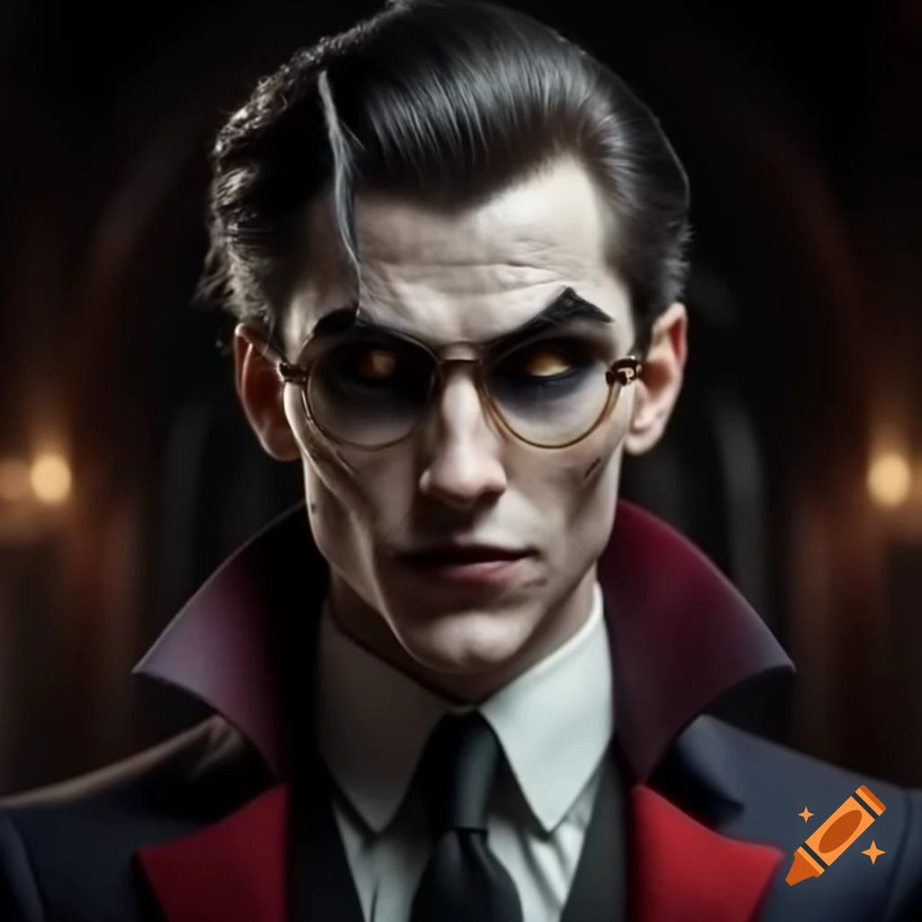 Modern male vampire in suit with slicked back hair and glasses on Craiyon