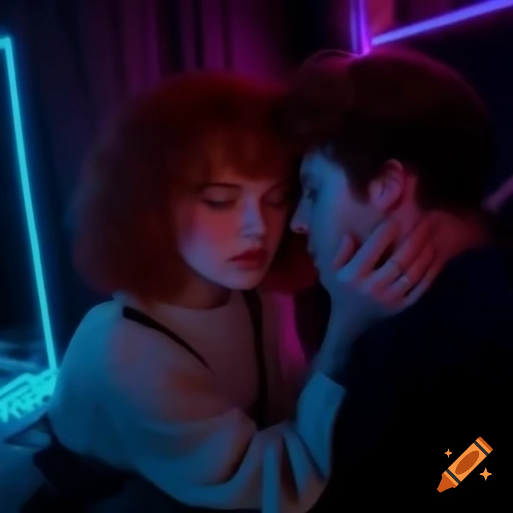 Redheaded woman with curly hair and tall brooding man in a dark room ...