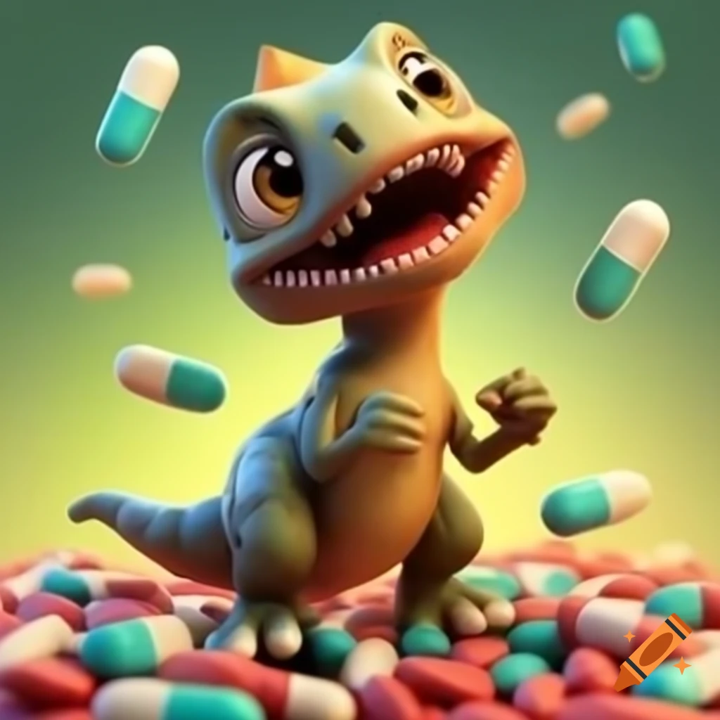 Cartoon baby dinosaur flexing muscles amid large pile of pills on Craiyon