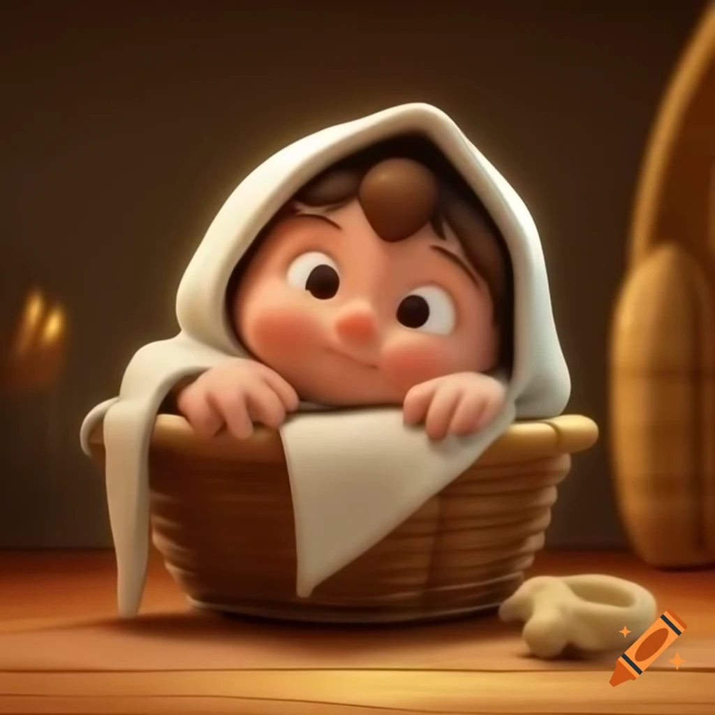3d animation of cozy biblical home with baby in basket wrapped in ...