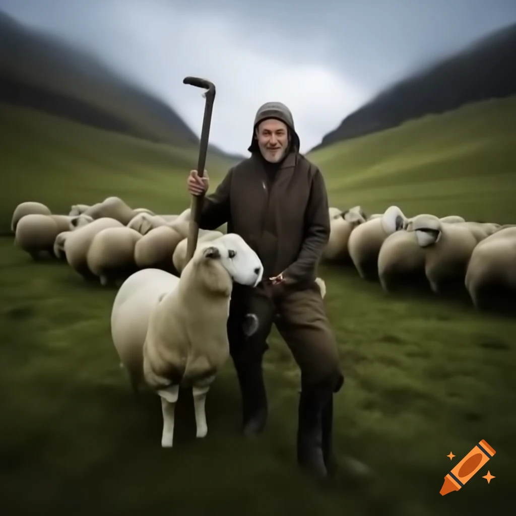 Shepherd with staff guiding sheep in green fields, symbolizing care and ...