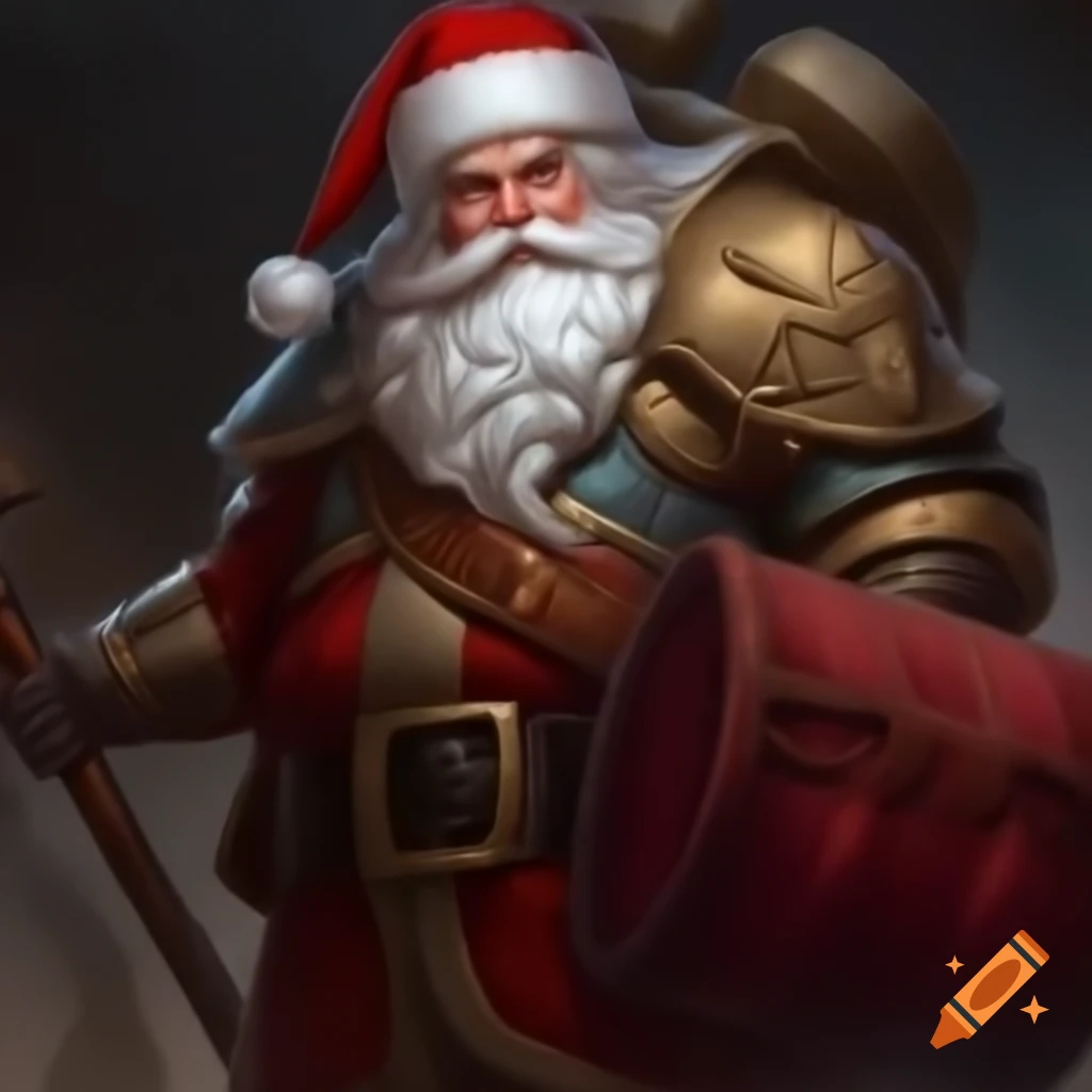 Mystical warrior Santa Claus in enchanted armor with battle axe and red sack on Craiyon