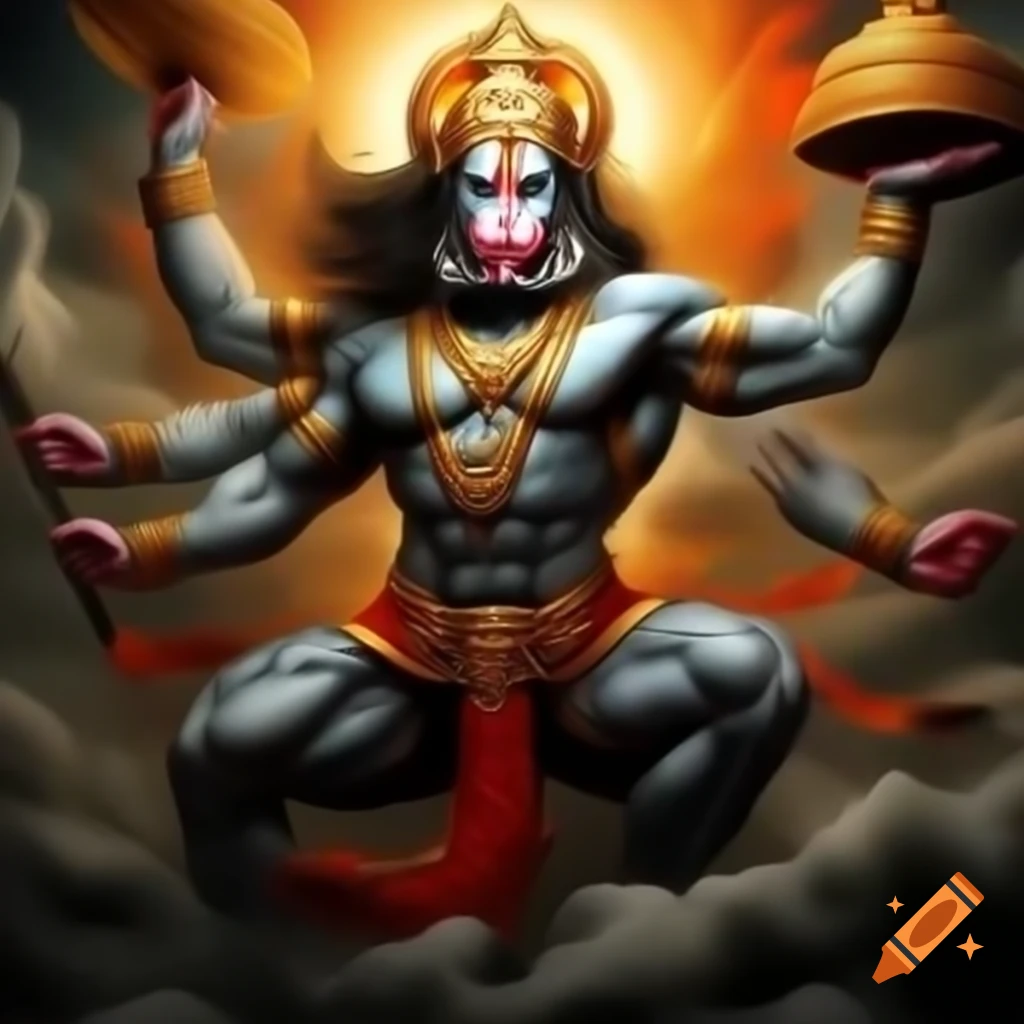 Hanuman Ji depicted as a powerful divine figure with a heroic face and ...