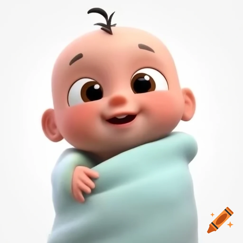 3d animated baby smiling wrapped in pastel colored blankets on Craiyon