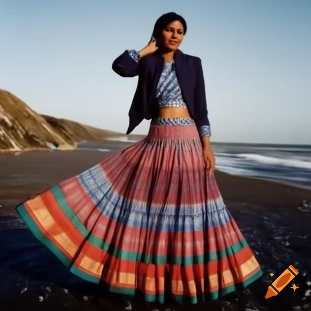 Anglo-Indian woman in flowy skirt and tailored crop jacket walking by ...