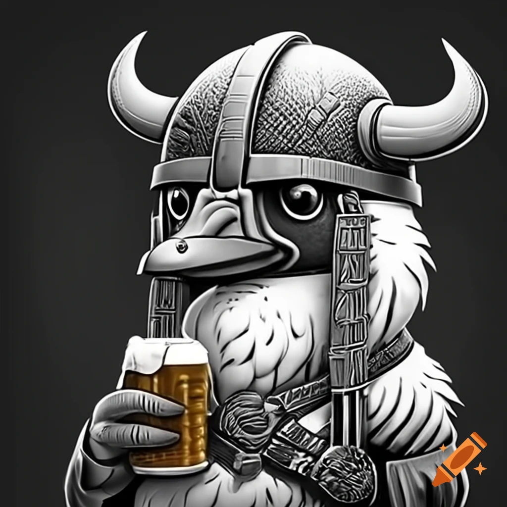 Monochrome cartoon goose wearing viking helmet and holding beer on Craiyon