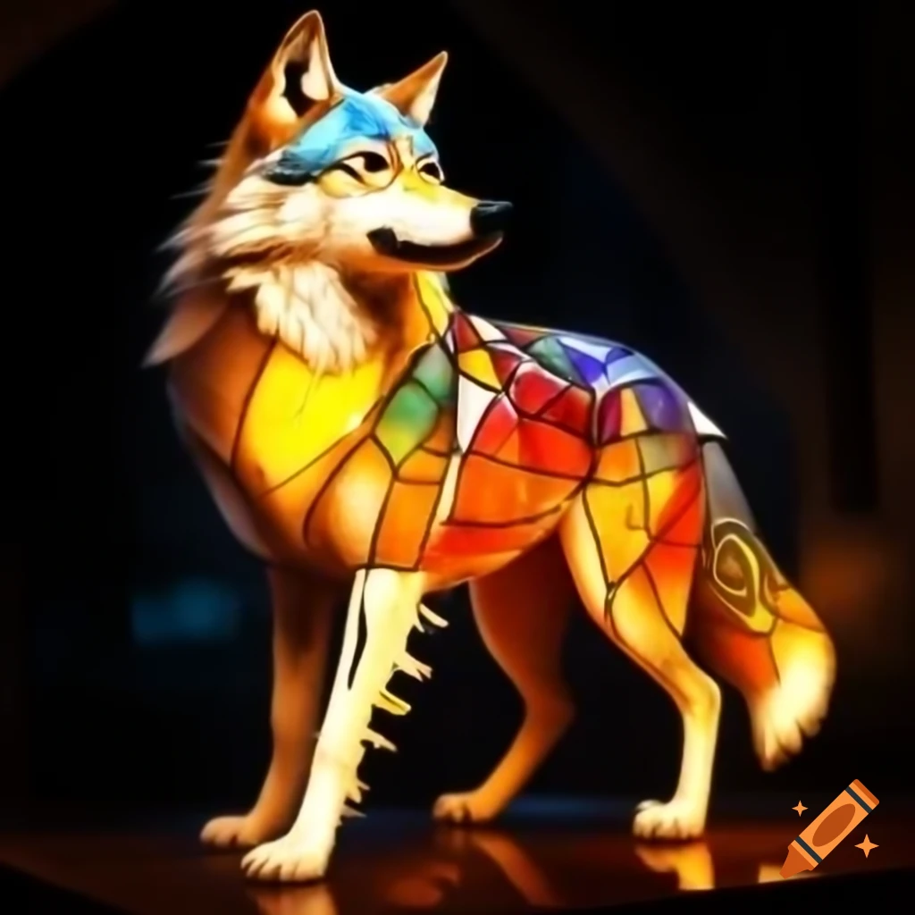 Majestic anthro wolf with stained-glass mosaic fur in full-body pose on ...