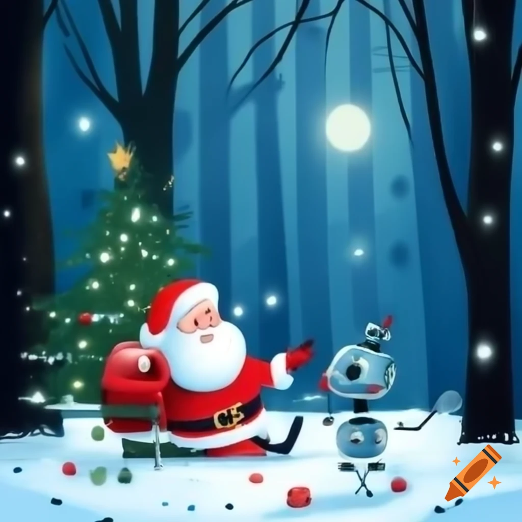 Robotic animals waiting for Santa Claus by Christmas tree in winter ...