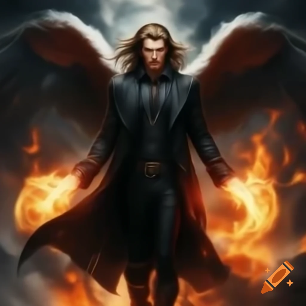God of fire with long red hair, angelic appearance in black coat and ...
