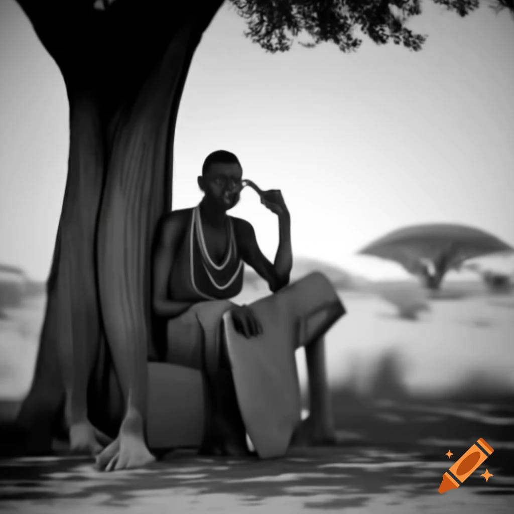 Hand drawing of African man in traditional clothing relaxing against a ...