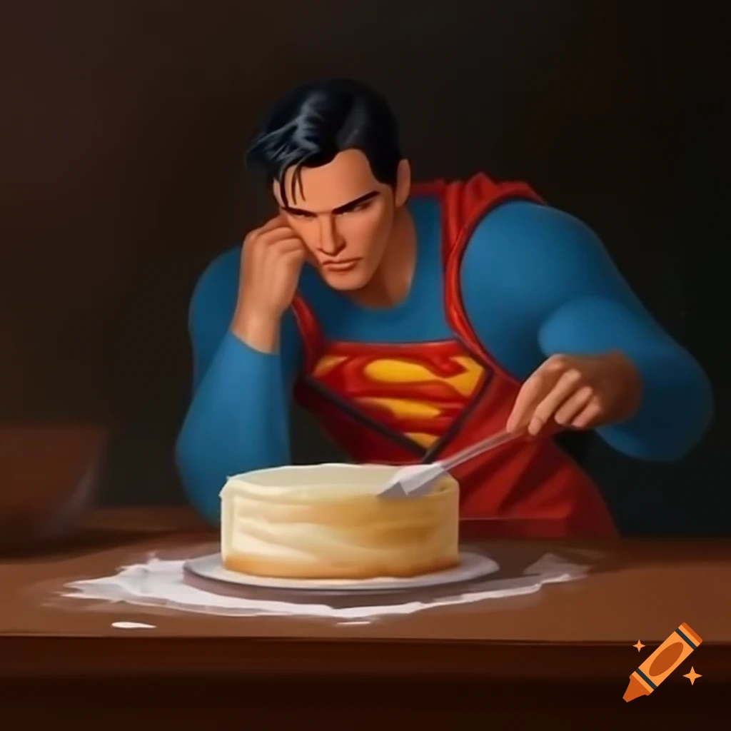 Superman in apron decorating cake with frosting on Craiyon