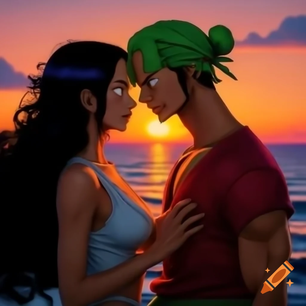 Zoro from one piece admiring girlfriend with curly black hair at sunset ...