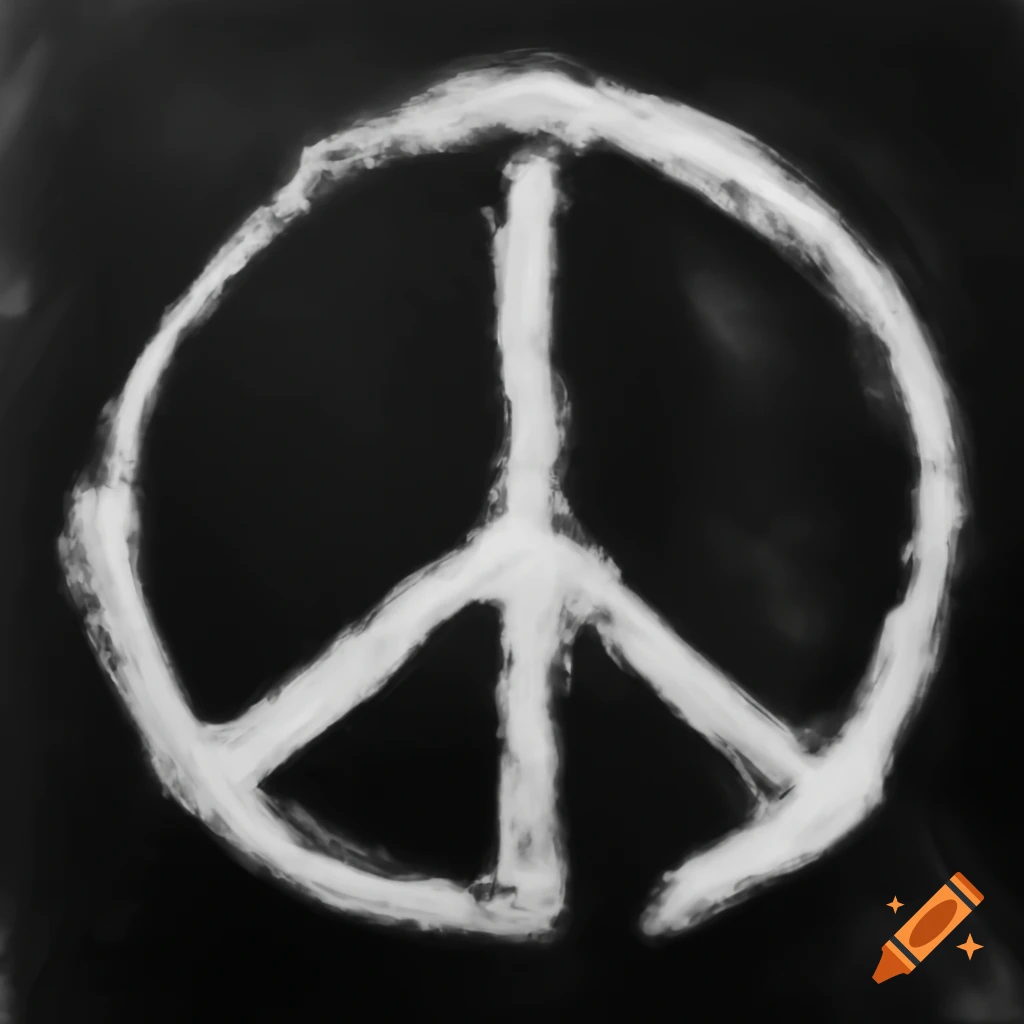 Dynamic round peace symbol in white chalk on black background, inspired ...