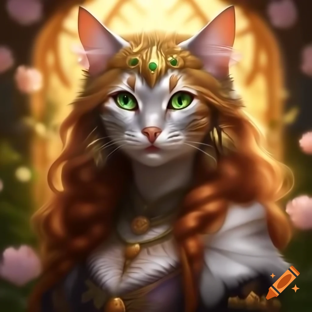 Anthropomorphic female cat character with green eyes and auburn hair on ...