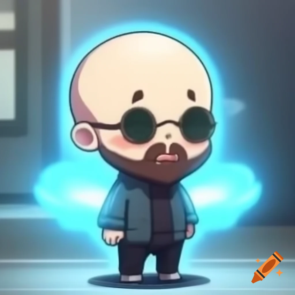 Cute anime chibi bald boy with beard and glasses, smiling on Craiyon
