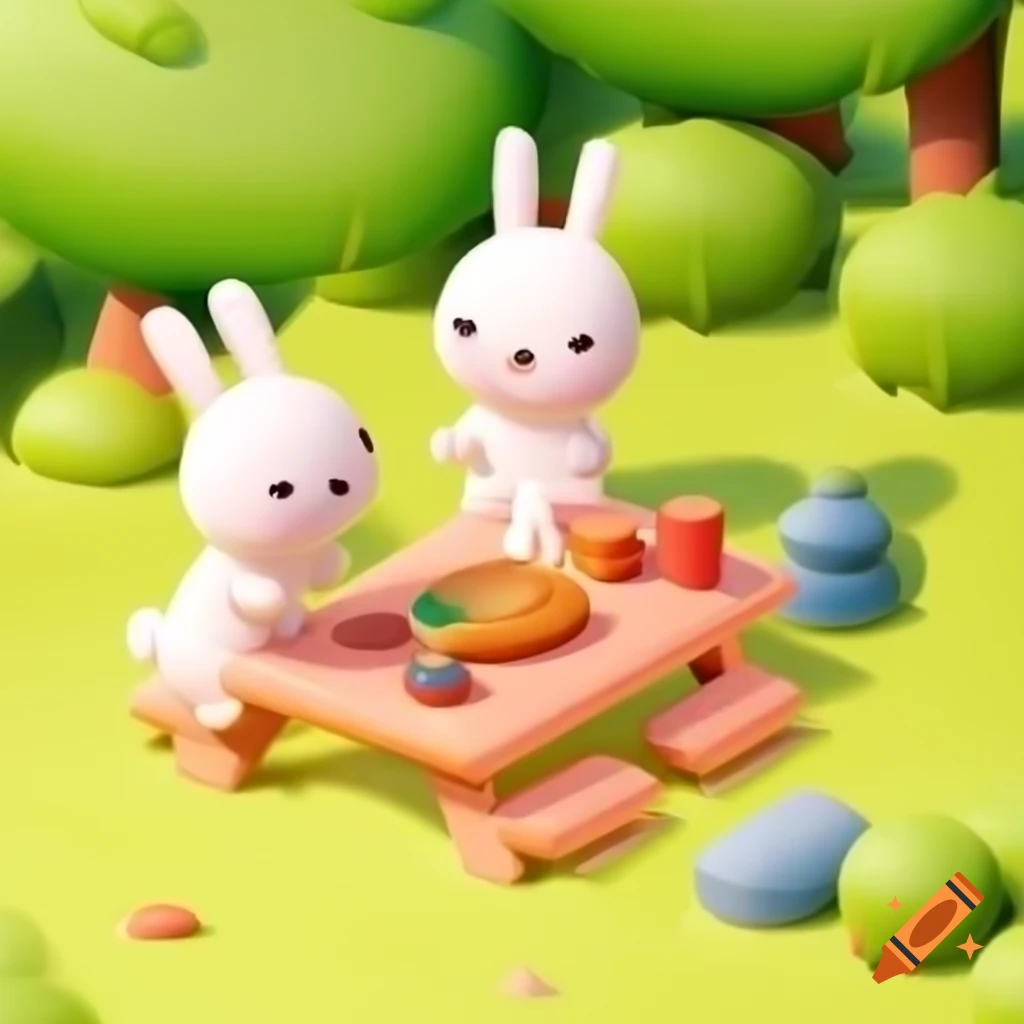 Cartoon rabbits having a picnic in chibi style on Craiyon