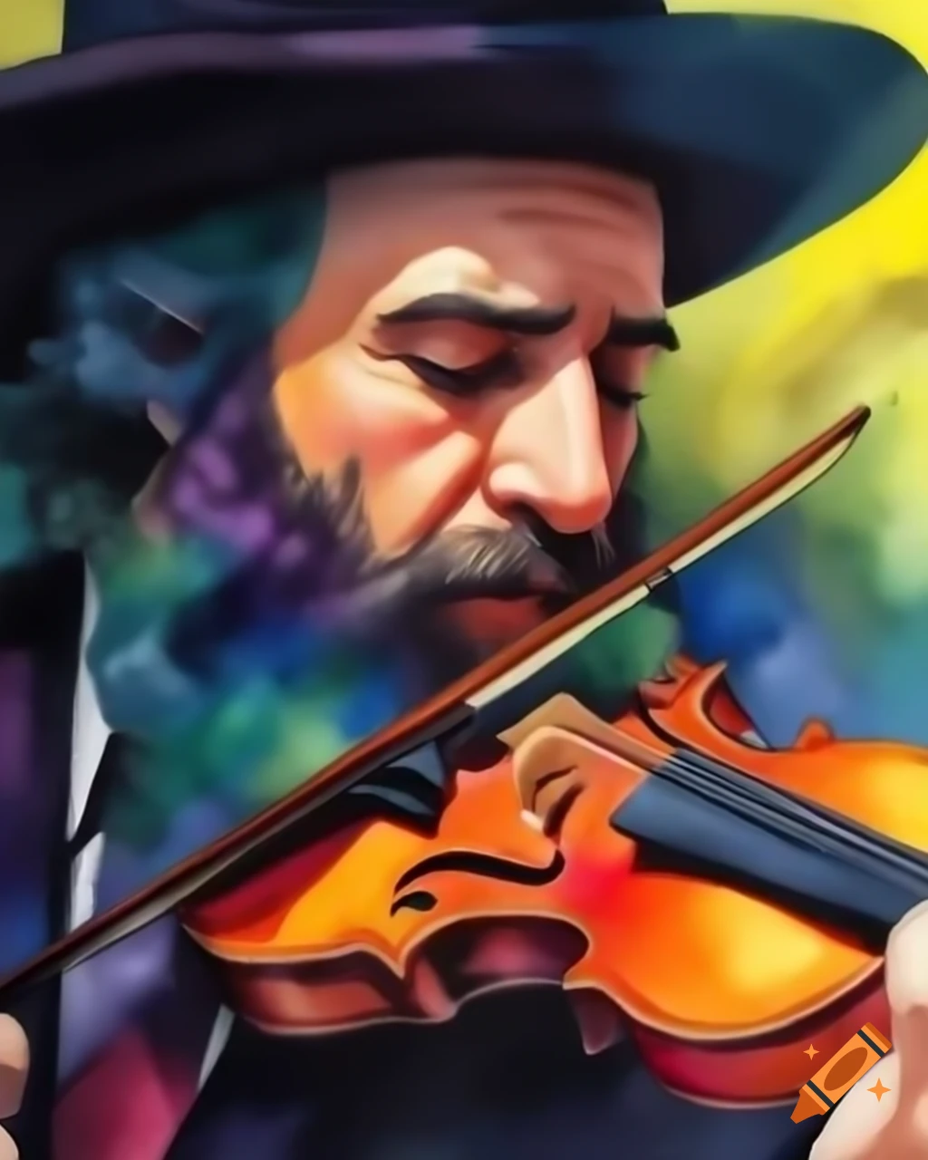 Close-up of Jewish man passionately playing violin in dramatic lighting ...