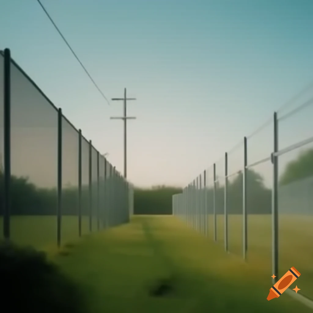 Grassy area with light green trees and birds enclosed by chain link ...