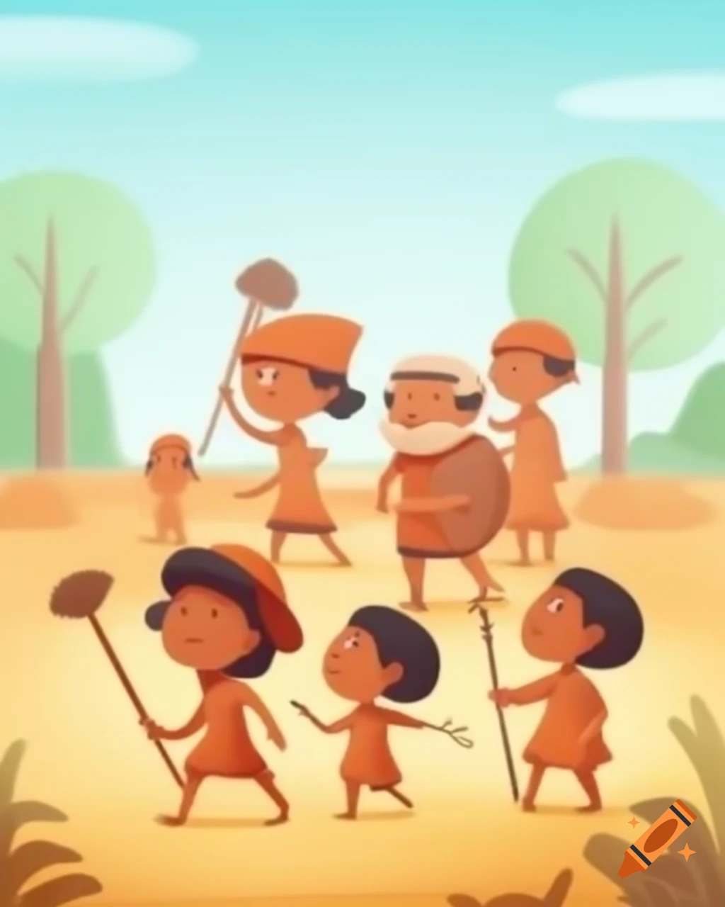 Cartoon depiction of ancient tribe family migration on Craiyon
