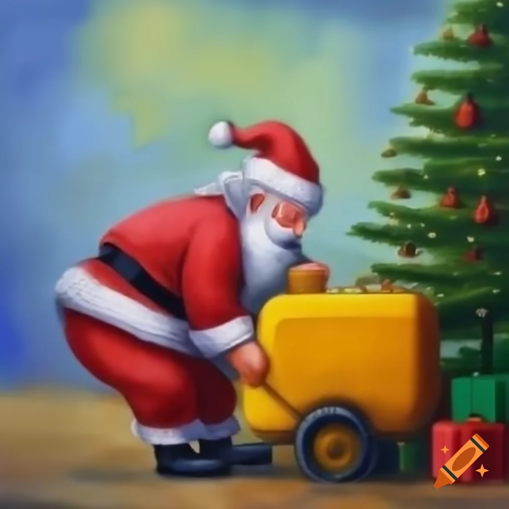 Santa Claus placing yellow generator under Christmas tree on Craiyon