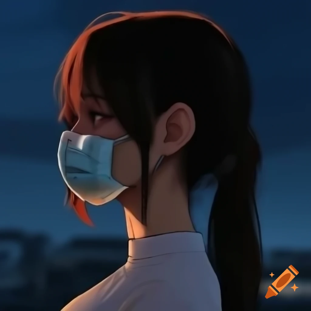 Anime woman in mask, unique hairstyle and dress, facing left on Craiyon