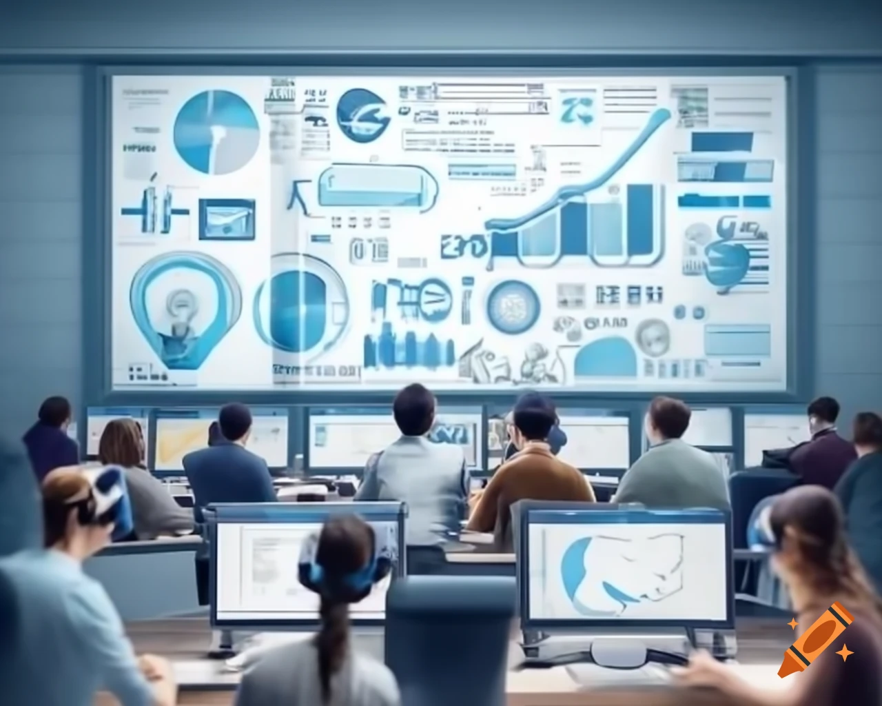 Diverse students using high tech tools in front of digital board with ...