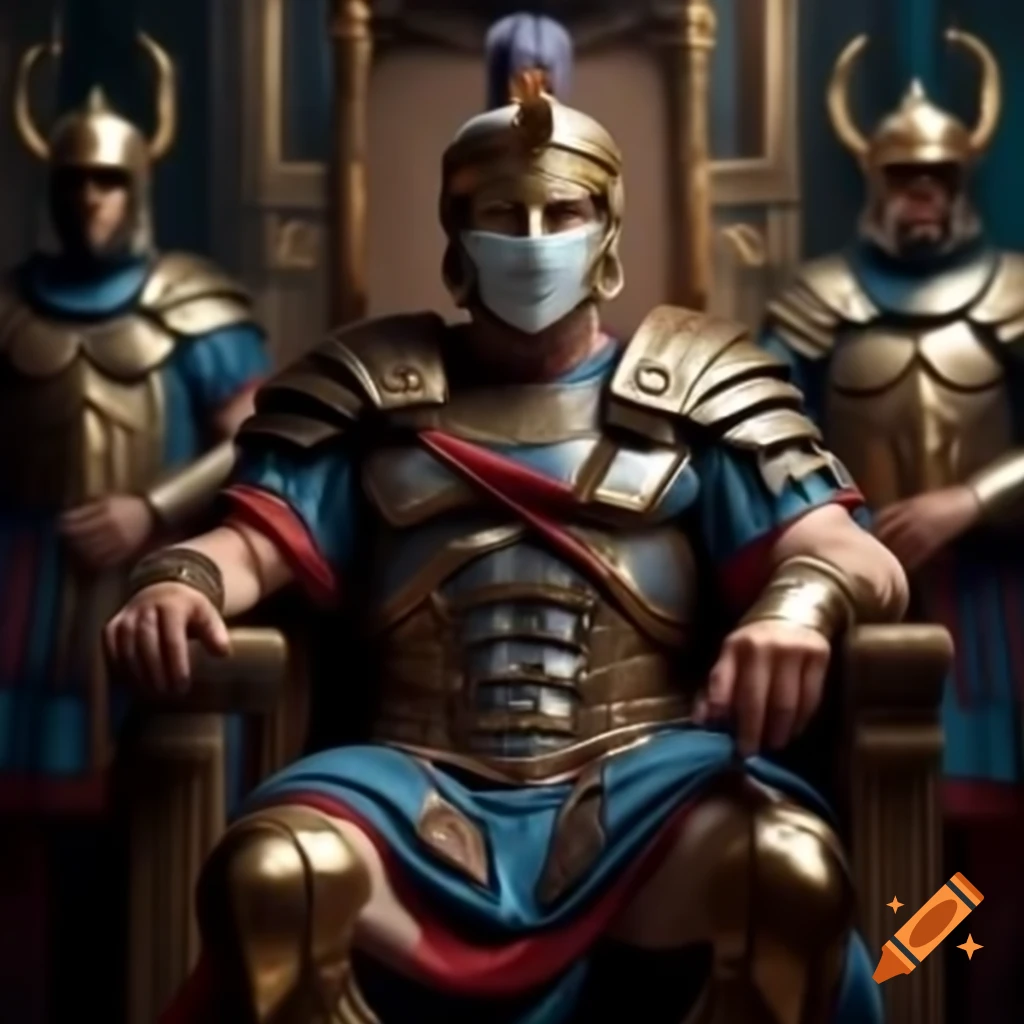 Roman emperor in armor and golden mask on throne with guards in antler ...