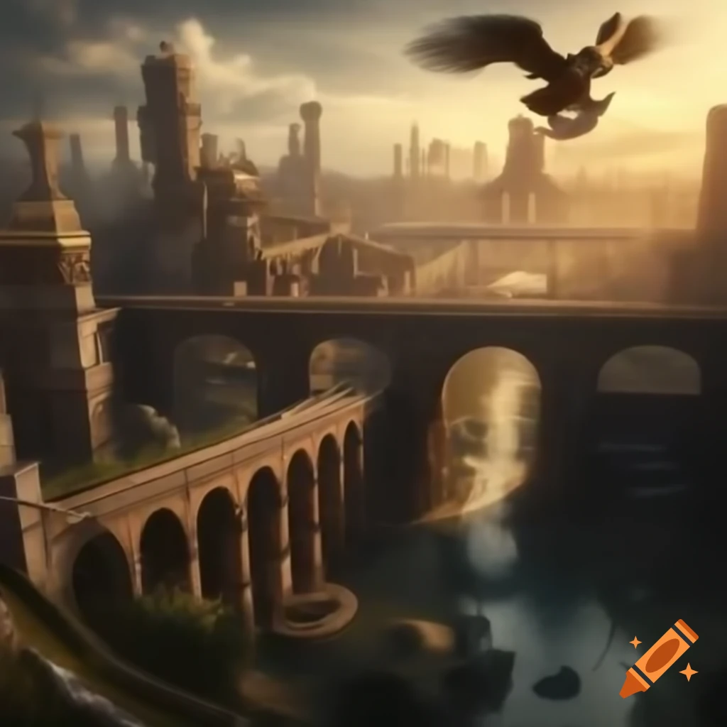 Steampunk roman city at sunset with aqueducts and zeppelins on Craiyon