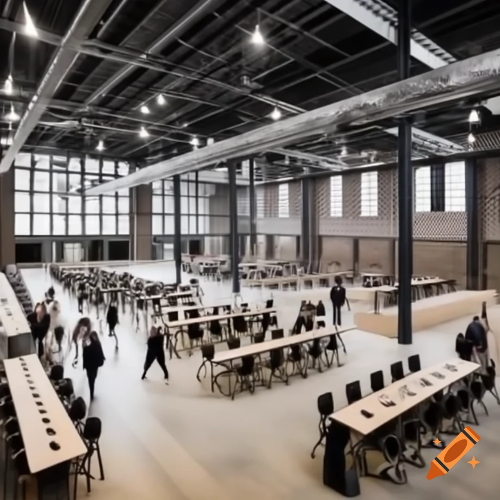 Modern industrial double height event hall design on Craiyon