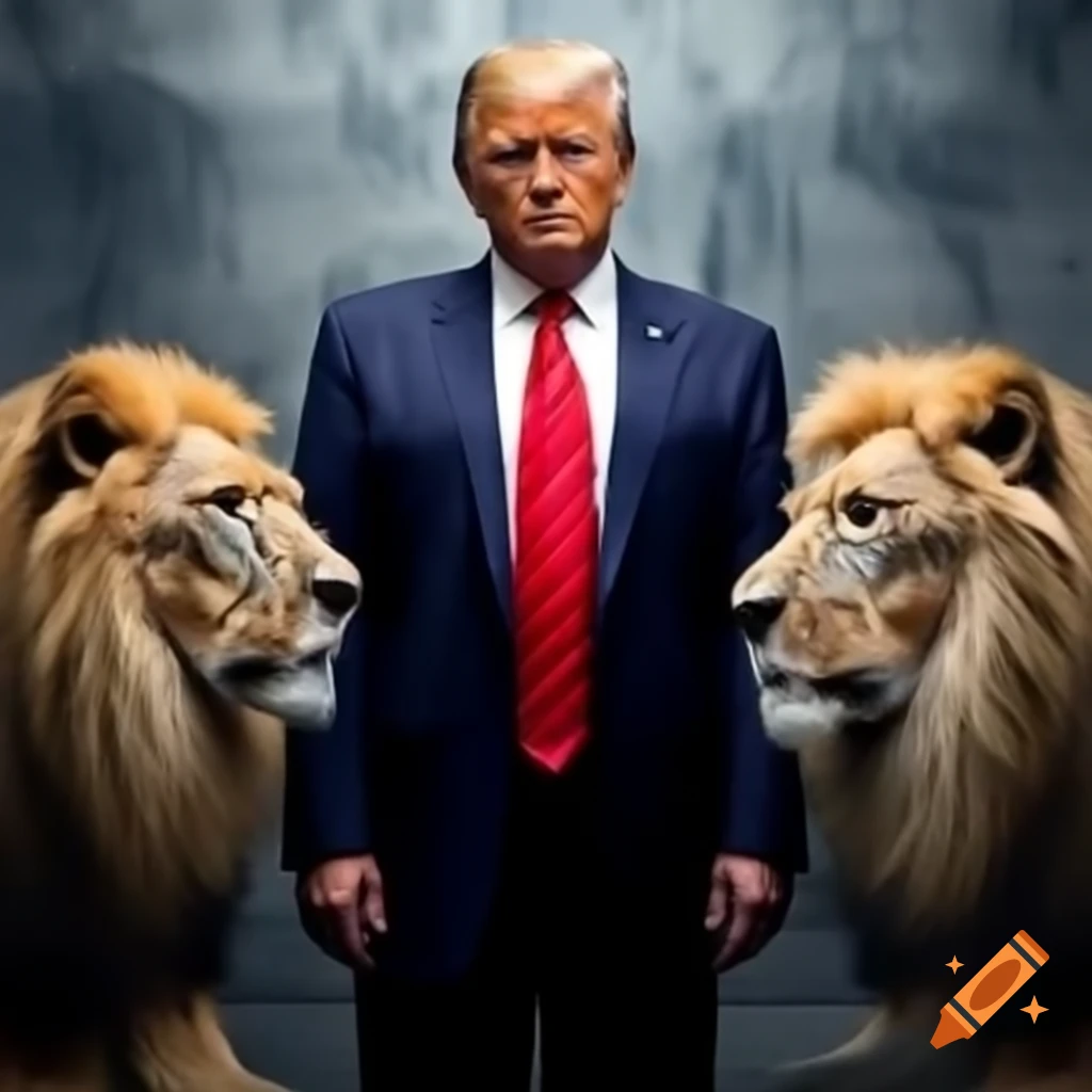 Political figure with lions as bodyguards in a surreal setting on Craiyon